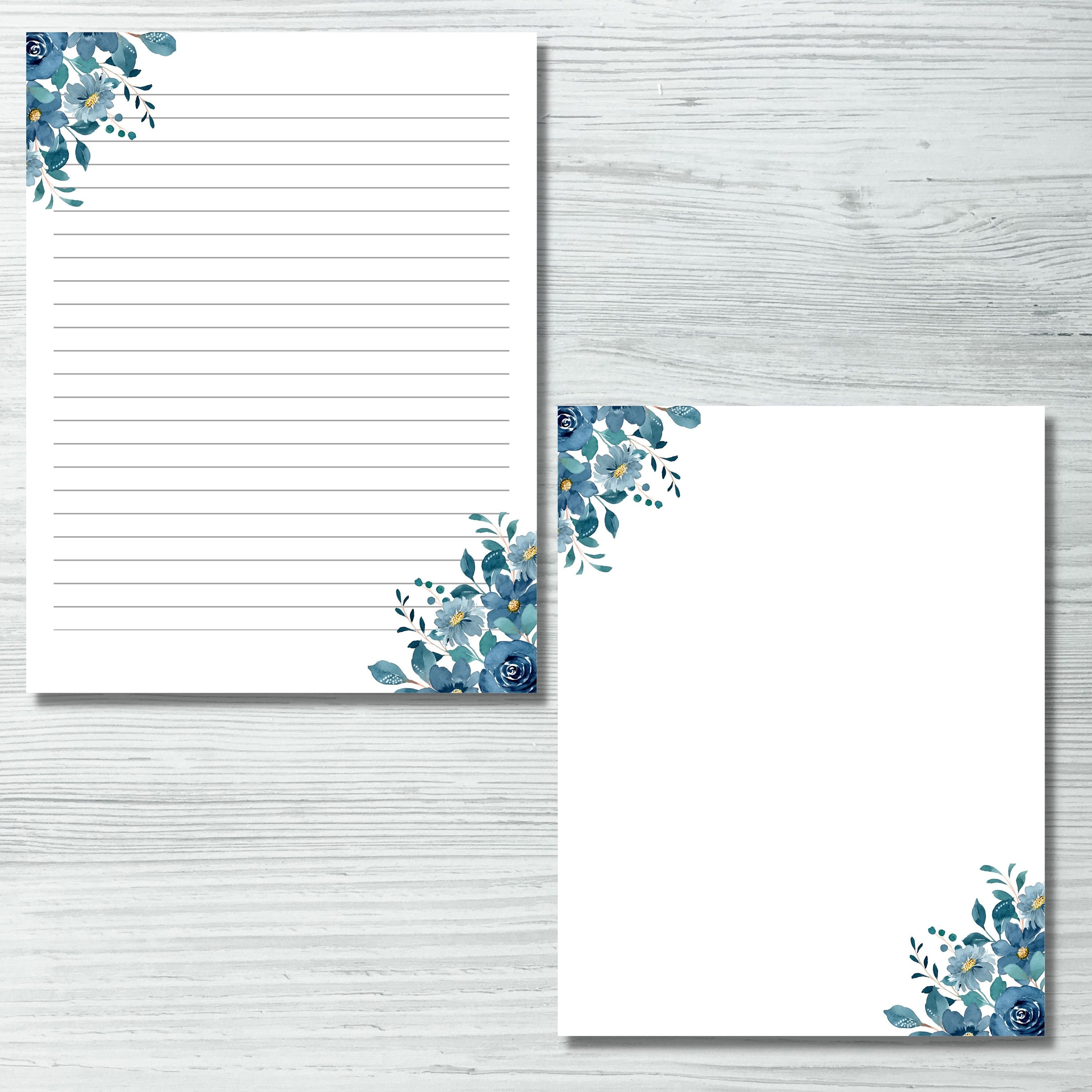 Blue Floral Letter Writing Set: Lined & Blank Stationery (digital ...