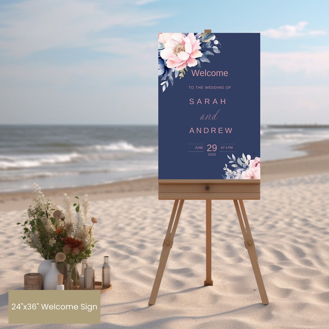 Navy Blue & Pink Floral Wedding Welcome Sign Template (digital Download ...
