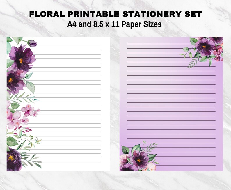 Floral Printable Writing Stationery, Floral Stationary Paper, A4 & US ...