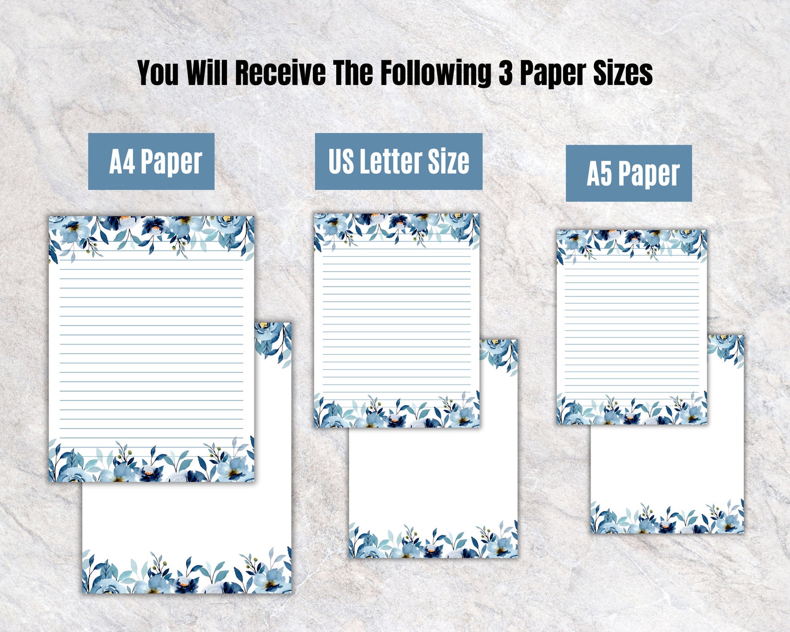 Printable Blue Floral Letter Writing Papers, Lined and Blank Writing ...