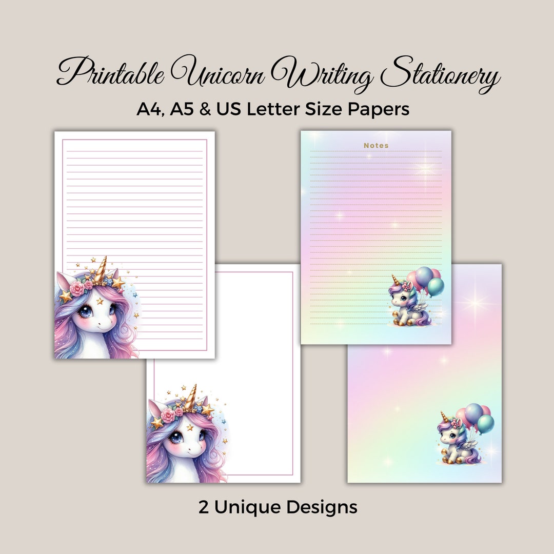 Printable Lined and Blank Unicorn Writing Stationery Set, Instant ...