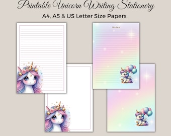 Printable Lined and Blank Unicorn Writing Stationery Set, Instant ...