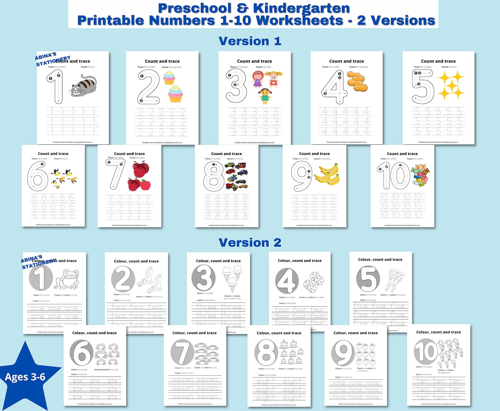 Printable Preschool and Kindergarten Bundle, Numbers 1-10 Tracing ...