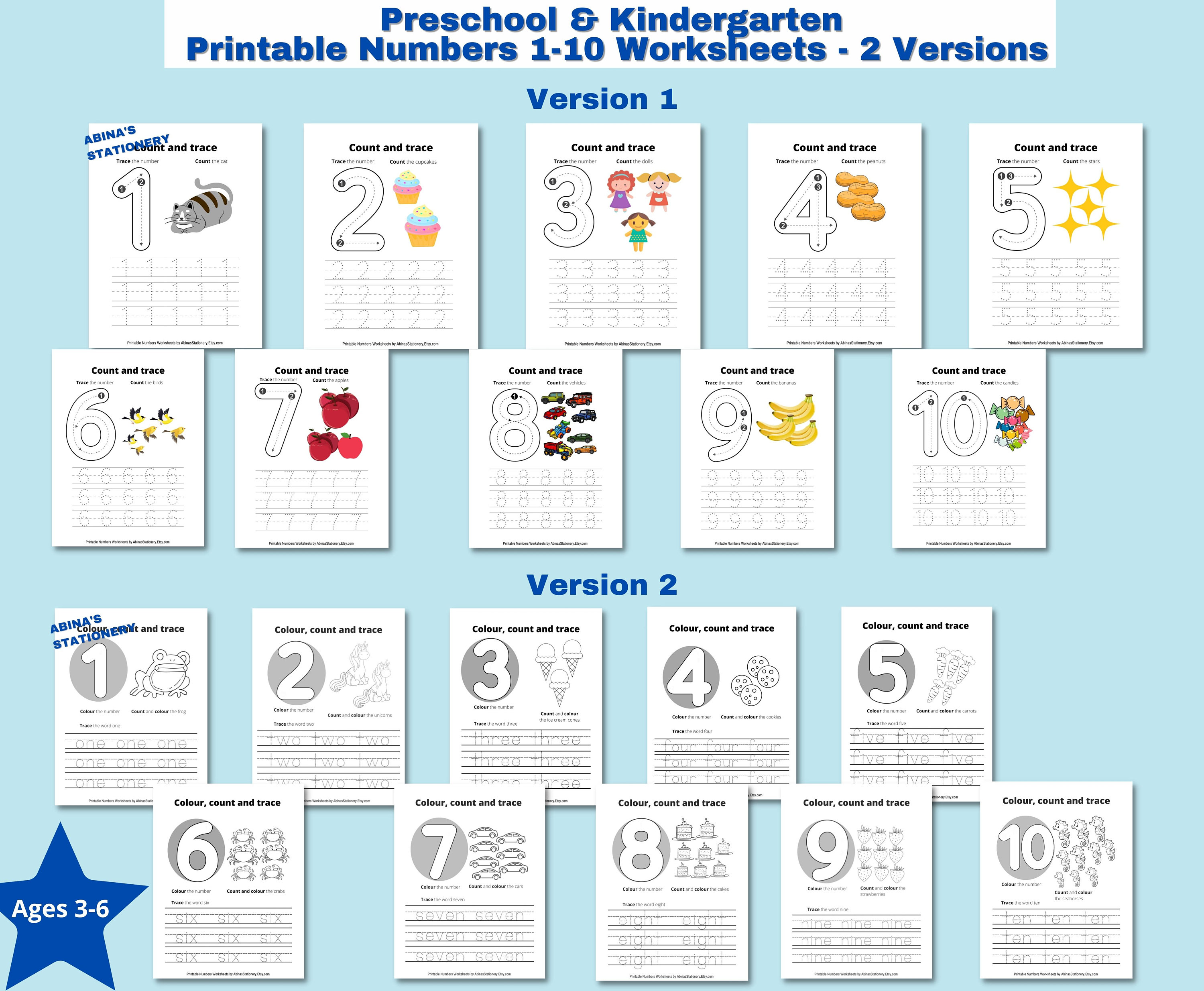 Printable Preschool and Kindergarten Bundle, Numbers 1-10 Tracing ...