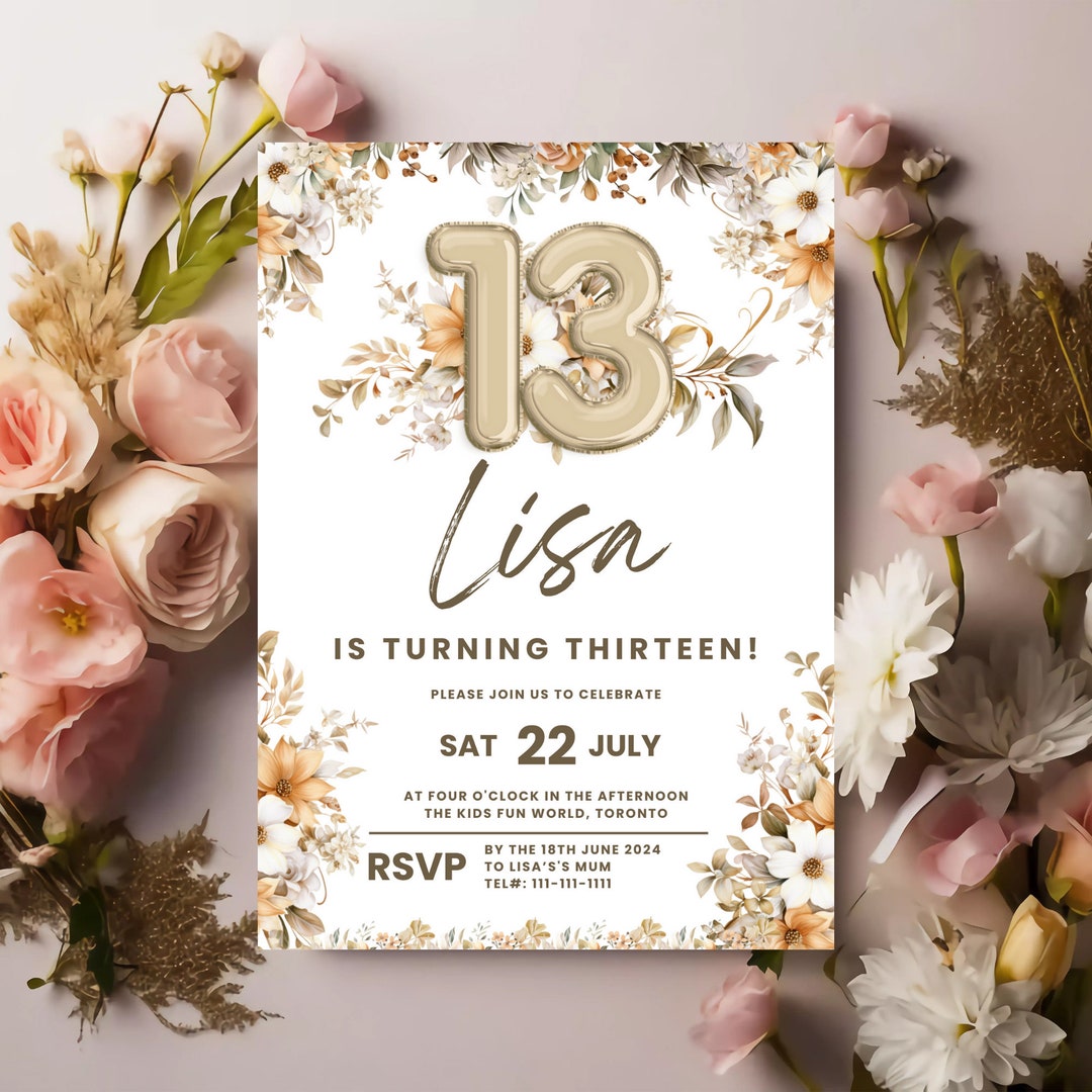 Editable 13th Birthday Invitation, Thirteenth Birthday Invite, Floral ...