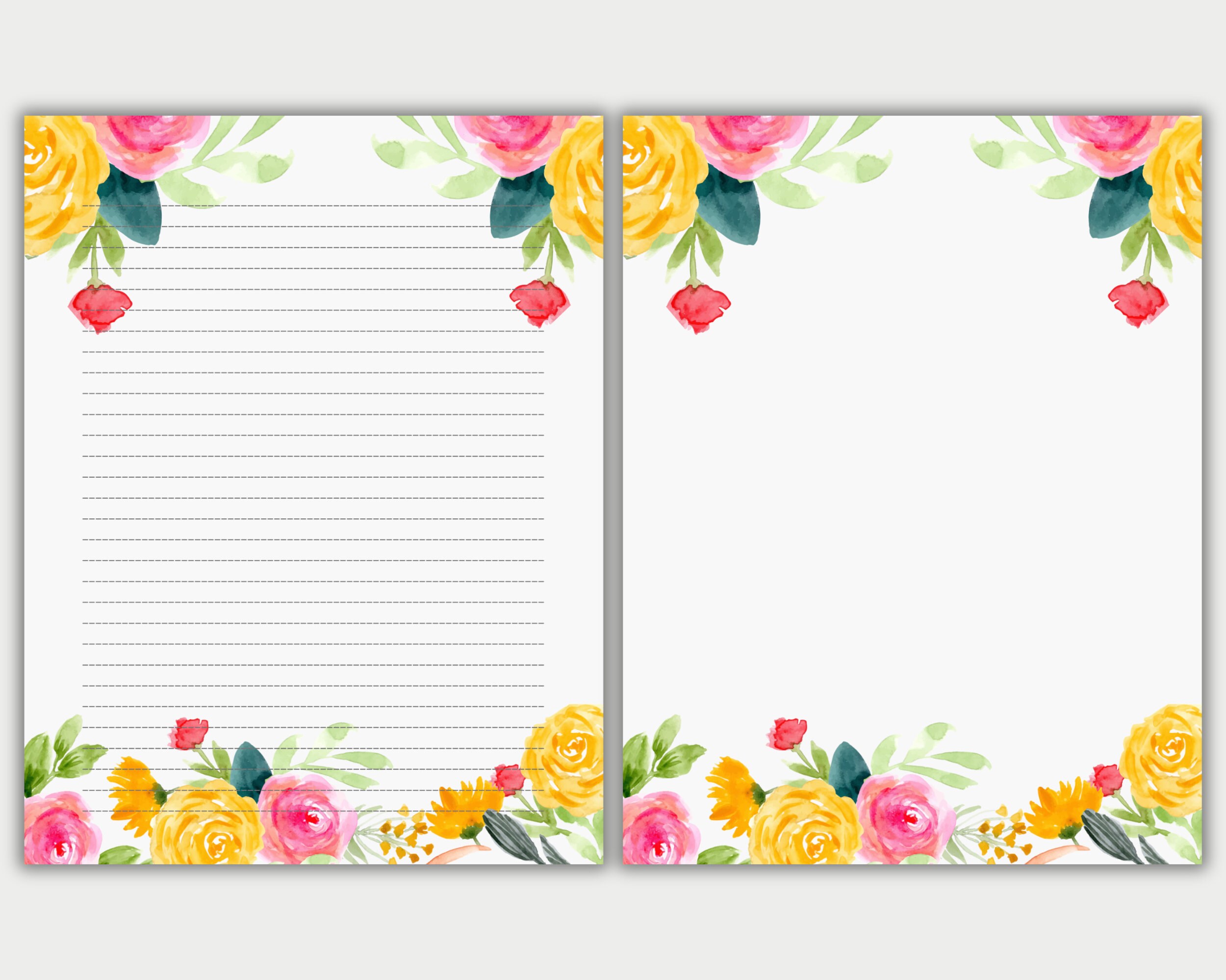 Printable Yellow Floral Letter Writing Set US Letter, A4 & A5 Lined and ...