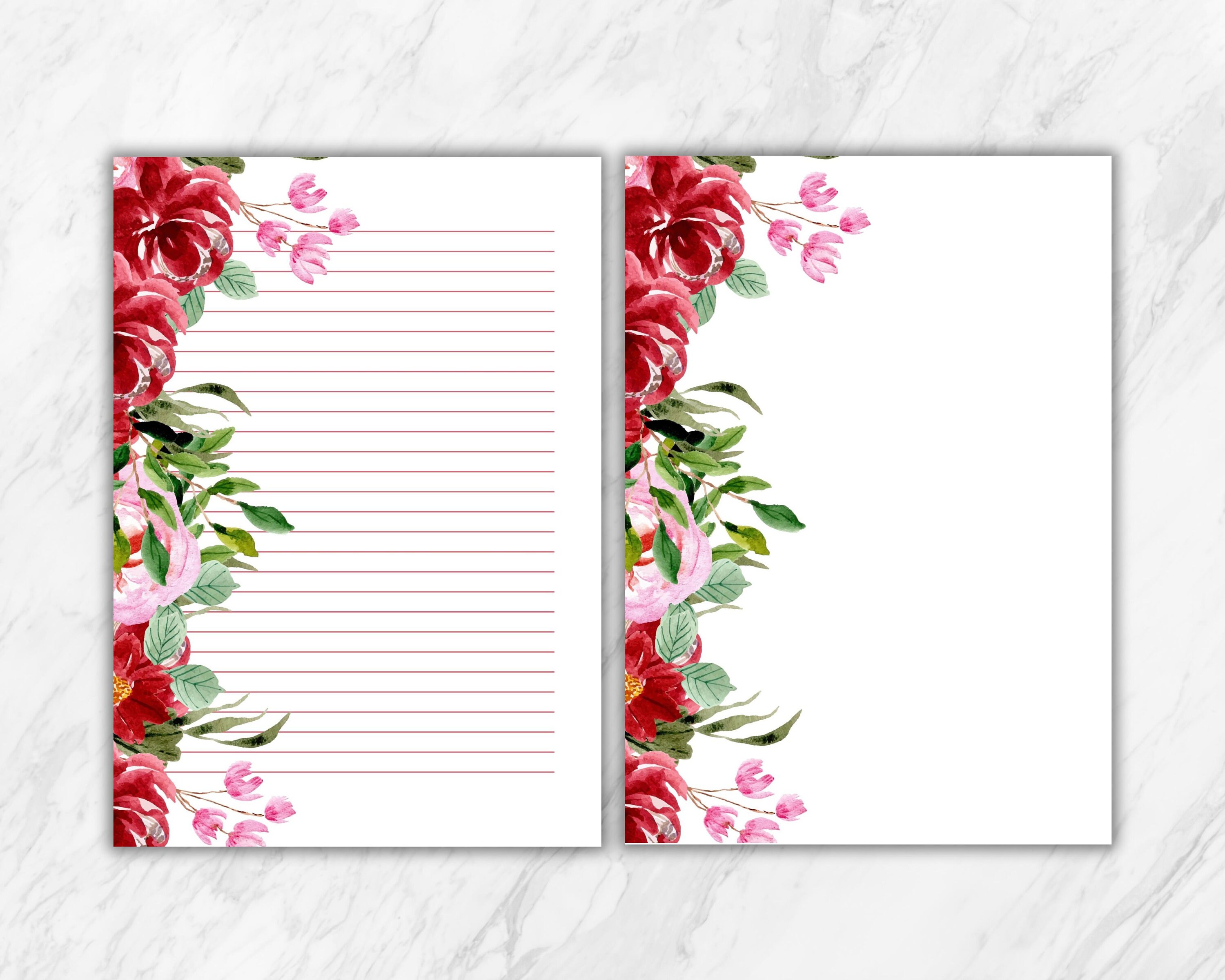 Printable Red Floral Letter Writing Set US Letter, A4 & A5 Lined and ...