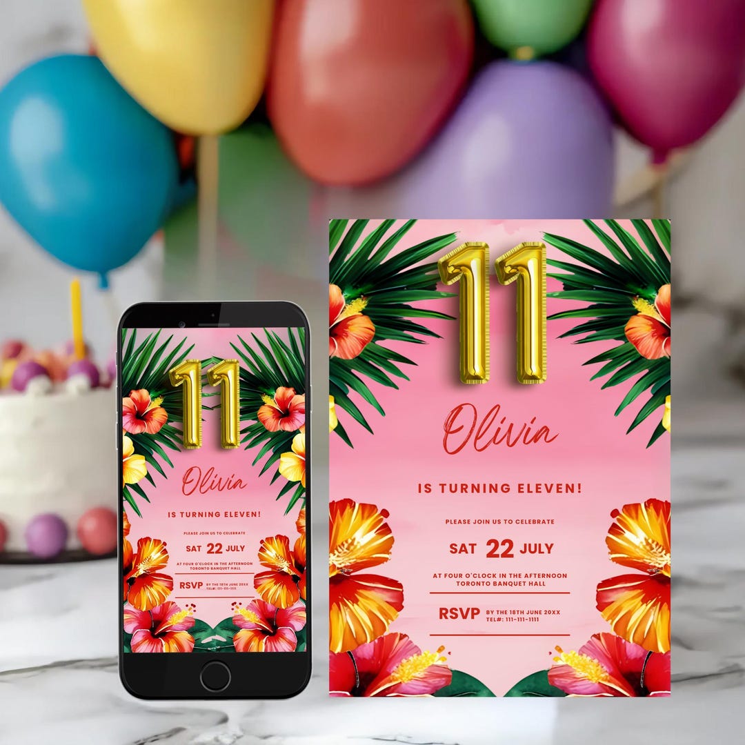 Pink Tropical 11th Birthday Invitation: Hibiscus Garden (instant ...