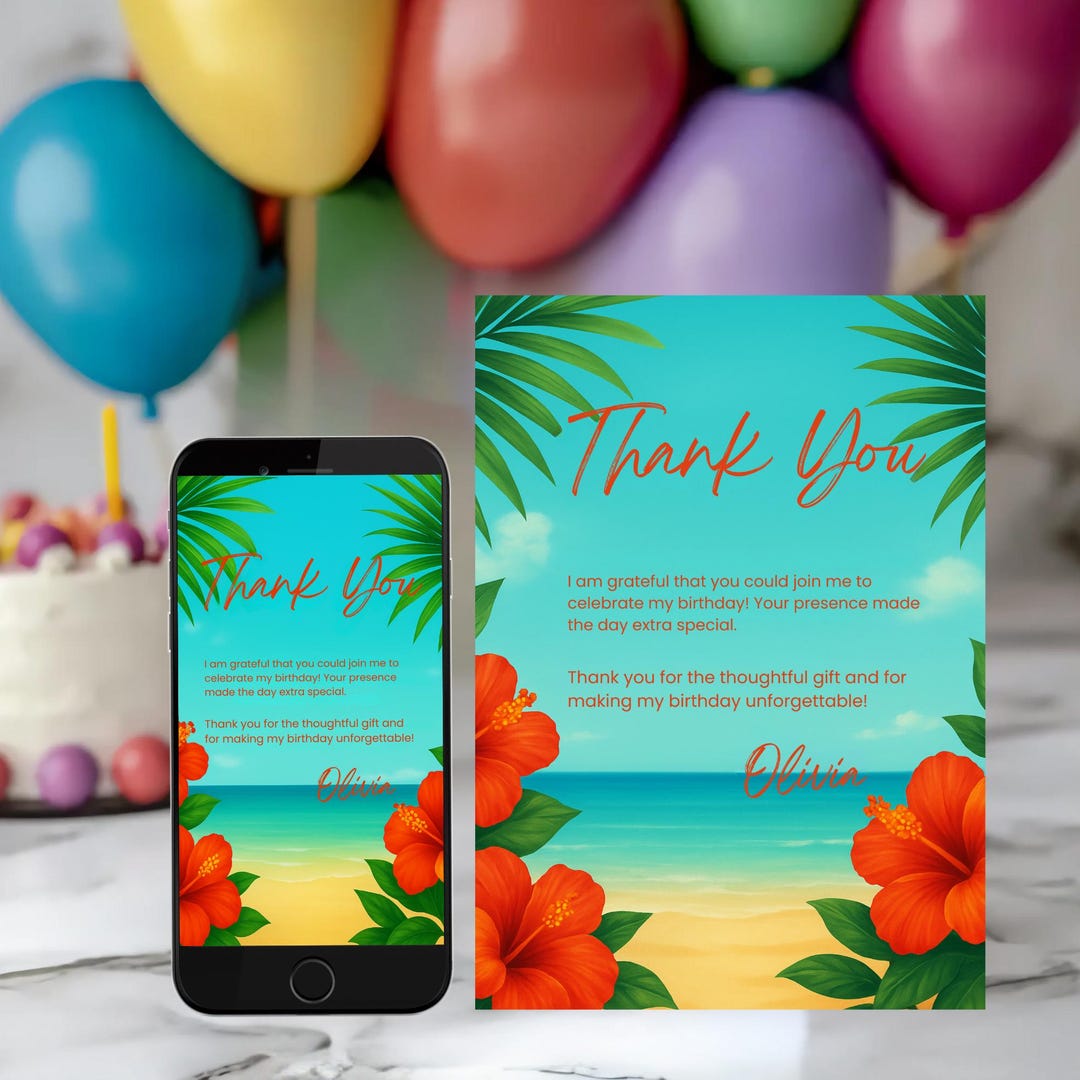 Tropical Thank You Card Template: Birthday, Wedding (digital Download ...