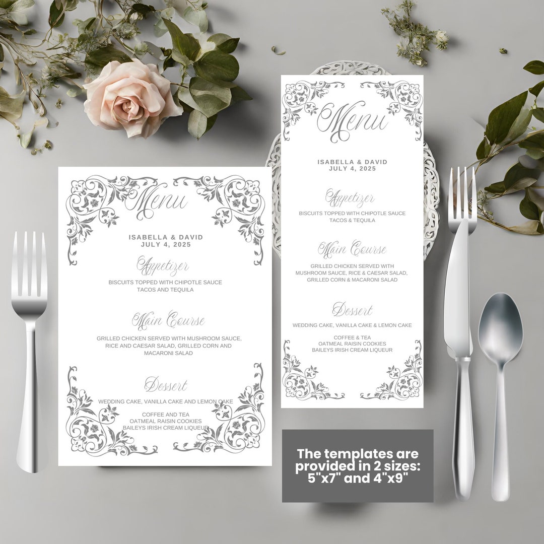 Wedding Dinner Menu Template, 5x7 & 4x9 Inches Editable Minimalist Menu ...
