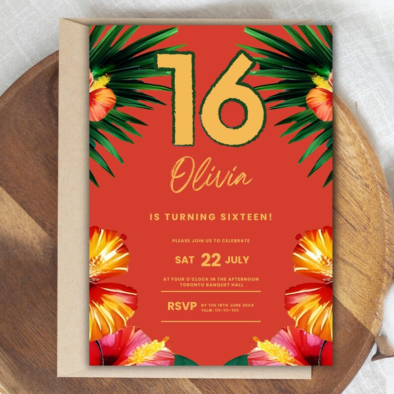 Tropical 16th Birthday Invitation, Hawaiian Summer Party (instant ...