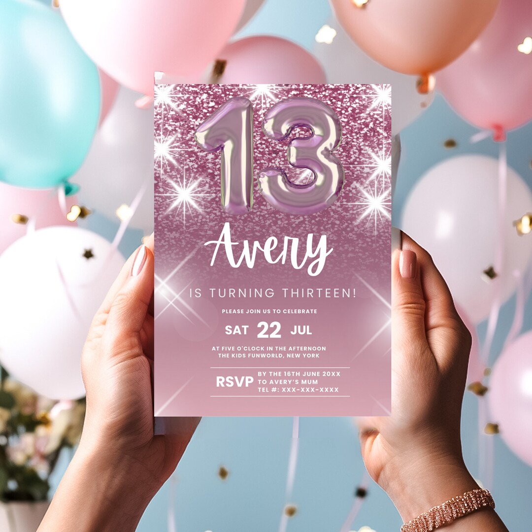Editable 13th Birthday Invitation, Thirteenth Birthday Invite ...