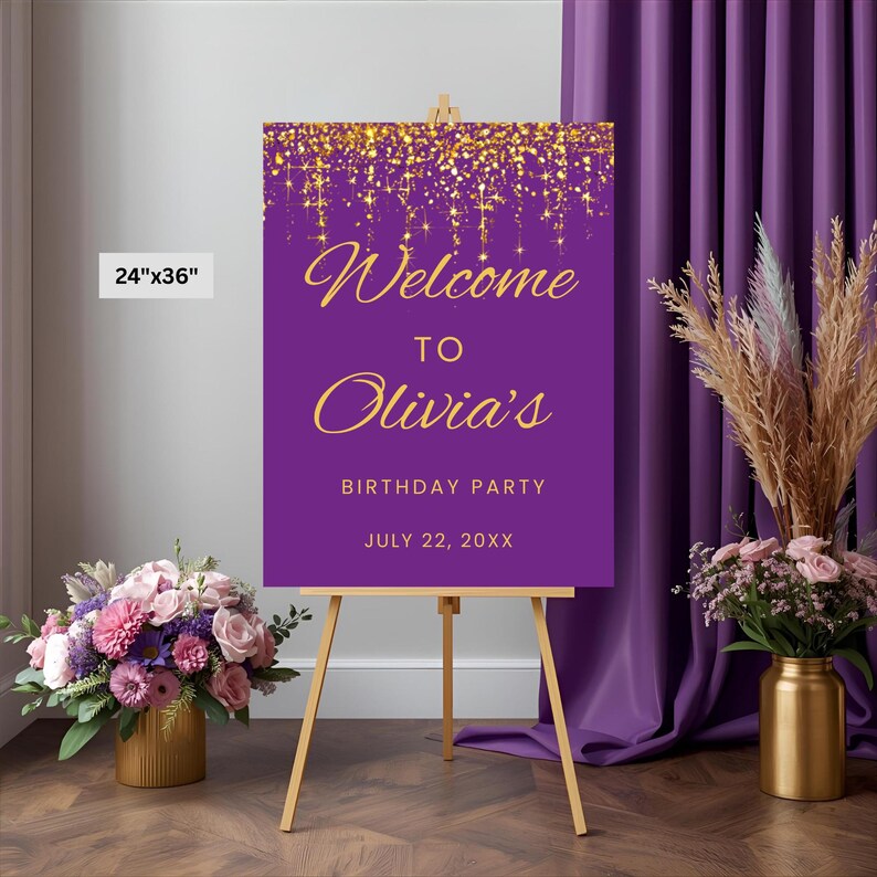 Editable Purple Gold Birthday Invitations & Welcome Signs(instant ...