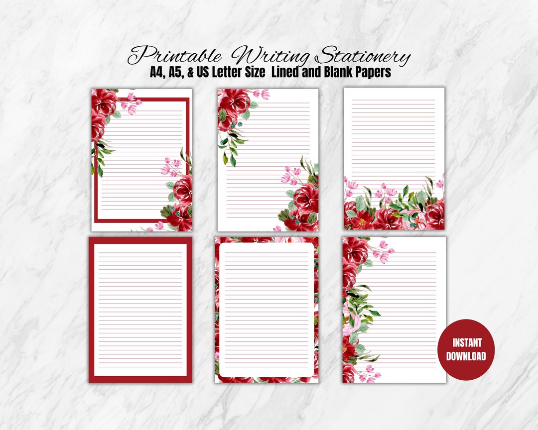 Printable Red Floral Letter Writing Set- US Letter, A4 & A5 Lined and ...