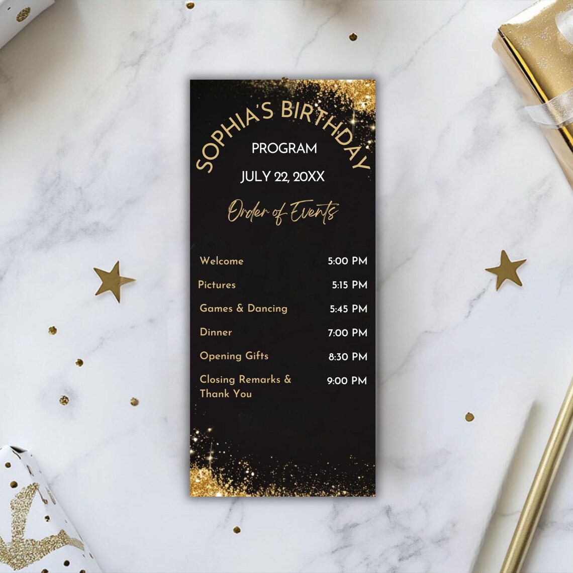 Black and Gold Birthday Program Template: Editable Order of Events ...