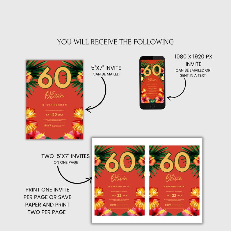 60th Birthday Invitation INSTANT DOWNLOAD, Sixtieth Birthday Invite ...