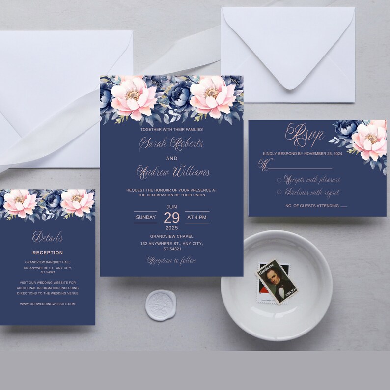 Editable Navy Blue Wedding Invitation Suite Template Instant Download ...
