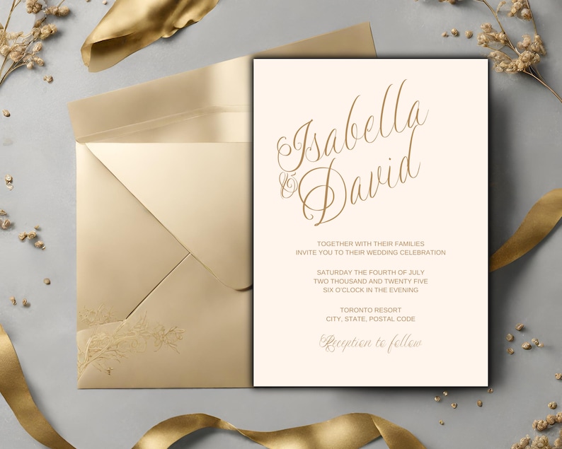 Editable Gold Script Wedding Invitation and RSVP Card, Printable Wedding Invite Template ...