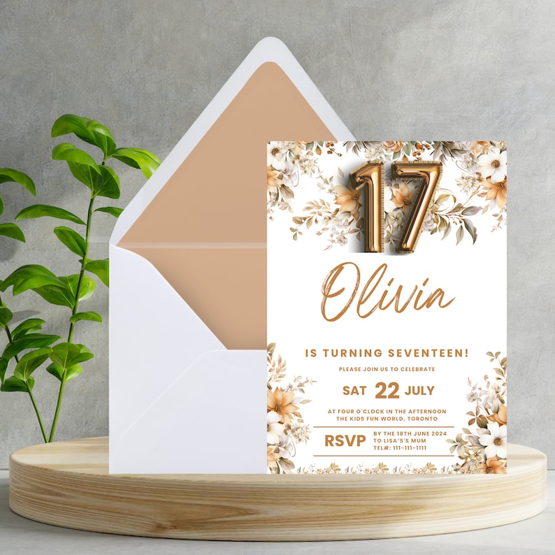 Floral 17th Birthday Invitation: Neutral Garden Party (digital Download ...