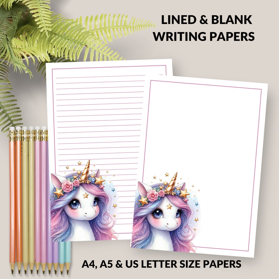 Printable Lined and Blank Unicorn Writing Stationery Set, Instant ...