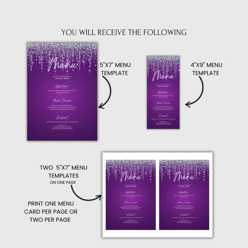 Wedding Dinner Menu Template, Birthday Party Menu Card, Editable Purple ...