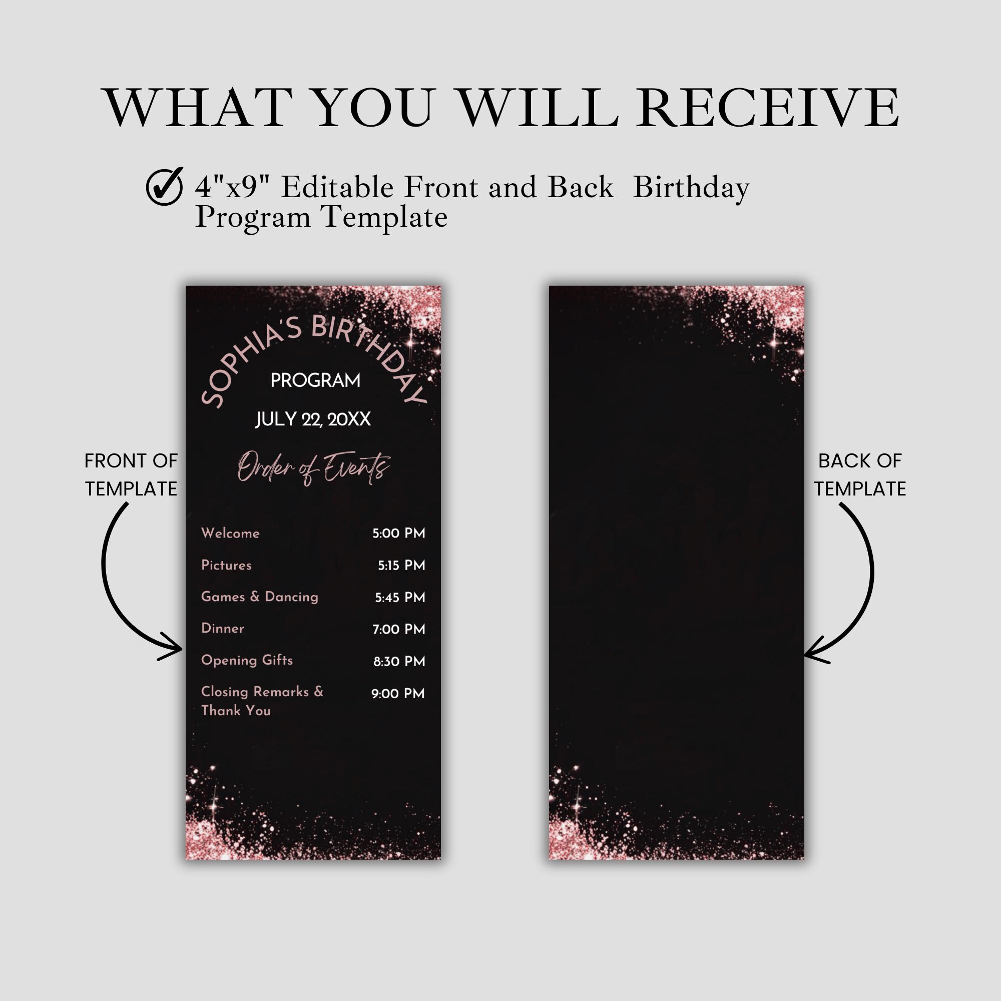 Black and Pink Sparkle Birthday Program Template, Editable Birthday ...