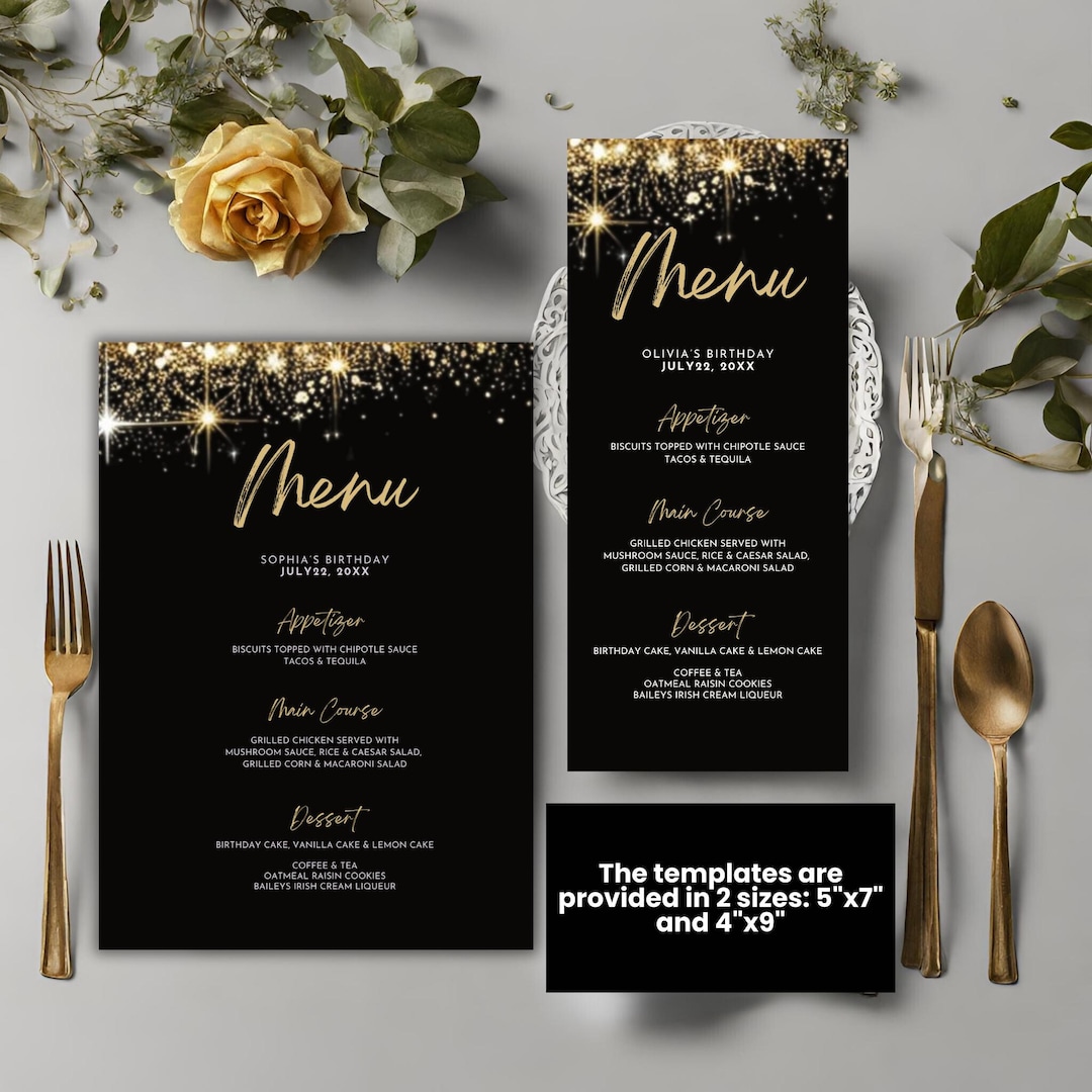 Wedding Dinner Menu Template, Birthday Party Menu Card, Editable Black ...