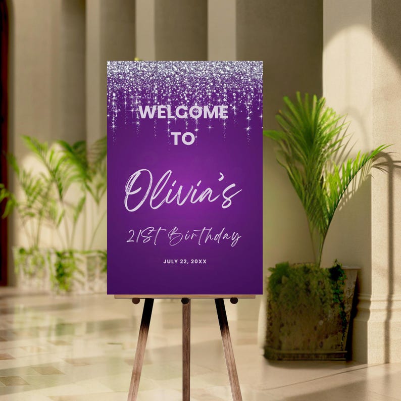 Editable Purple and Silver Birthday Welcome Sign Template Instant ...