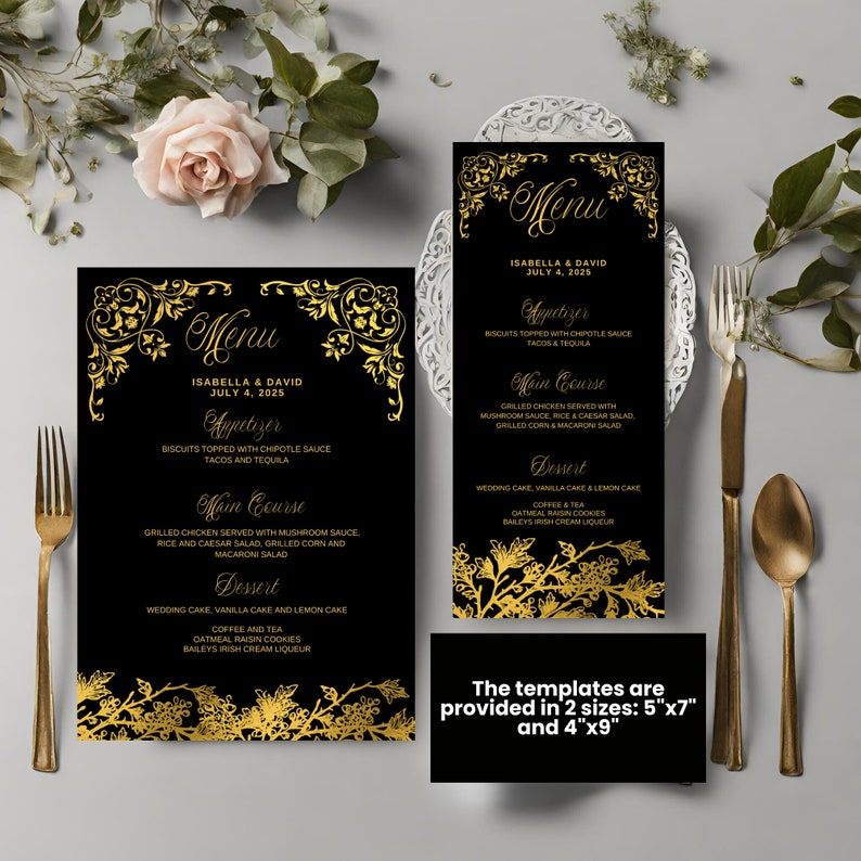 Wedding Dinner Menu Template, Birthday Party Menu Card, Editable Black ...