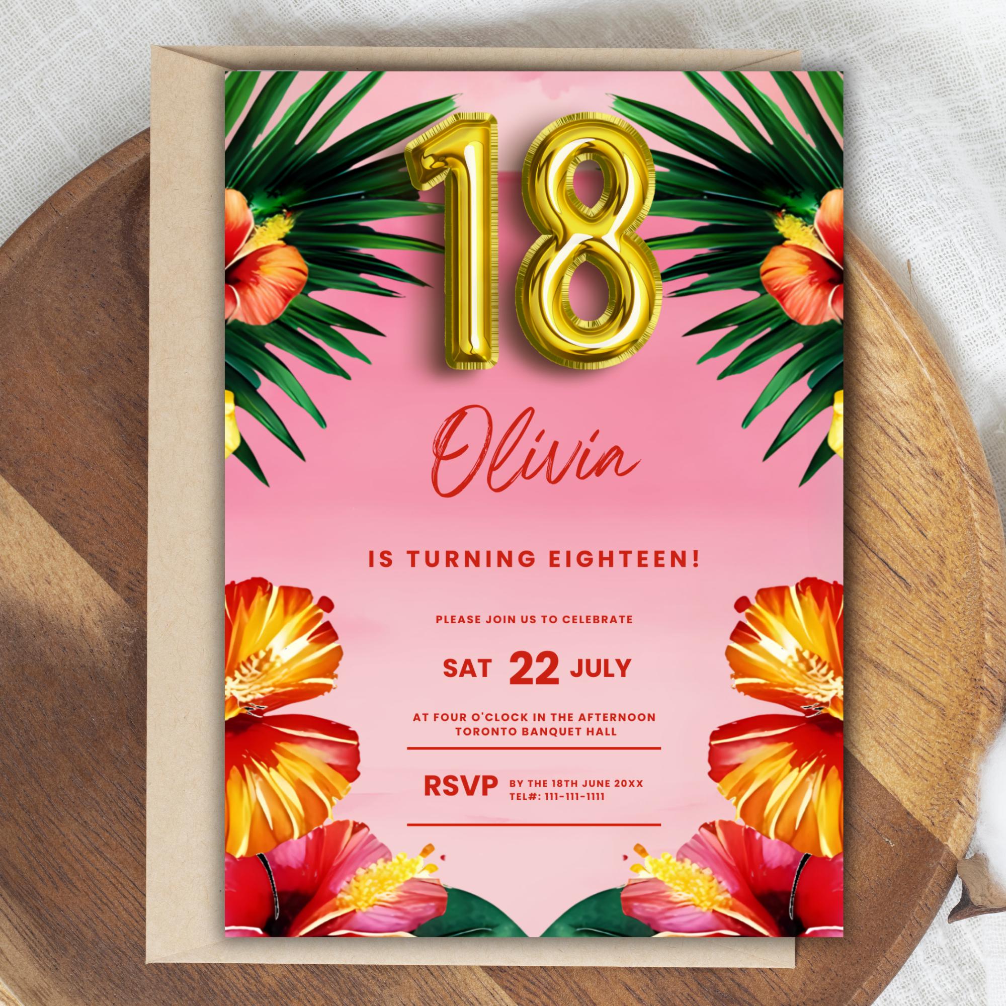 Pink Tropical 18th Birthday Invitation: Hibiscus Garden (digital ...