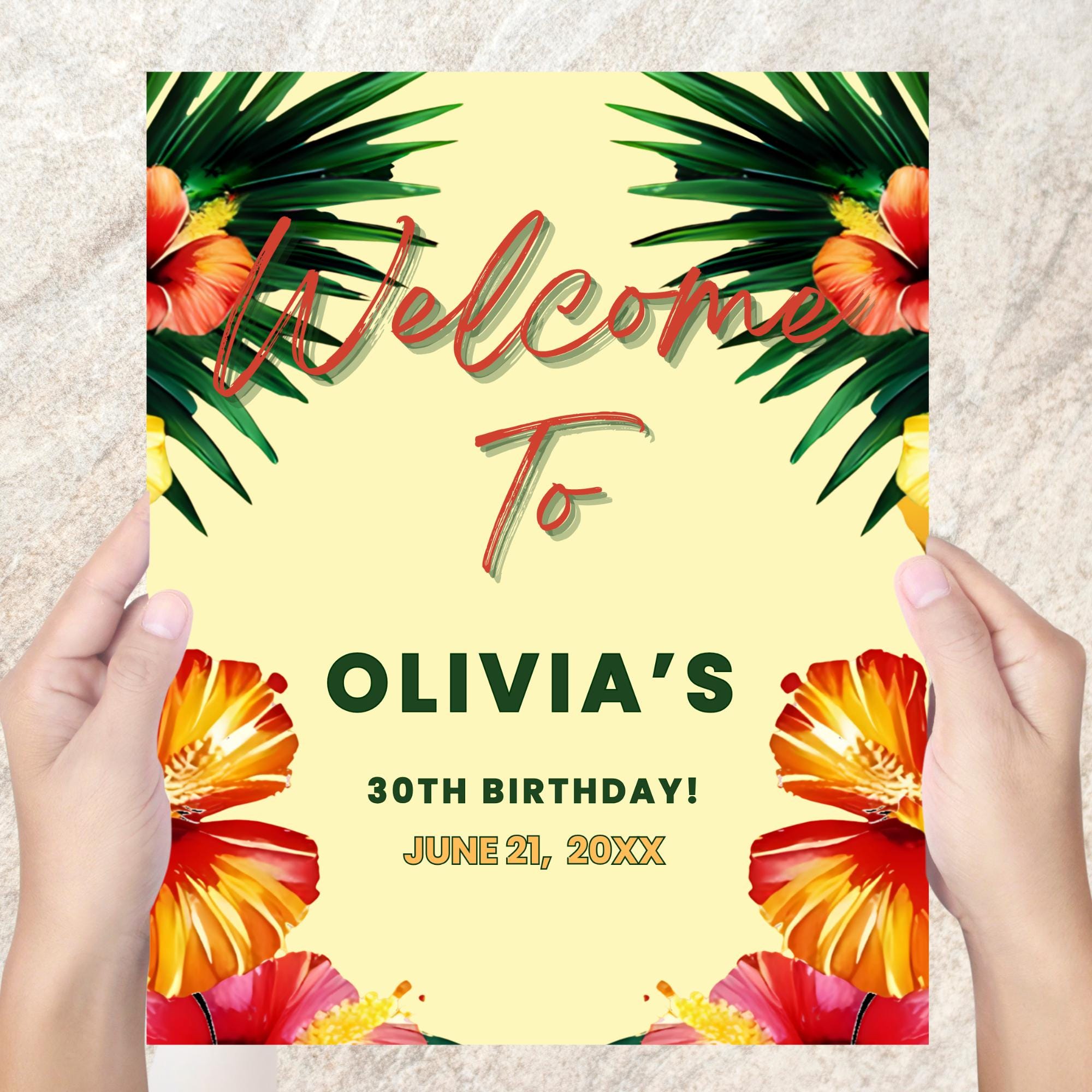 Tropical Birthday Welcome Sign: Palm Leaf Party Decor (instant Download ...