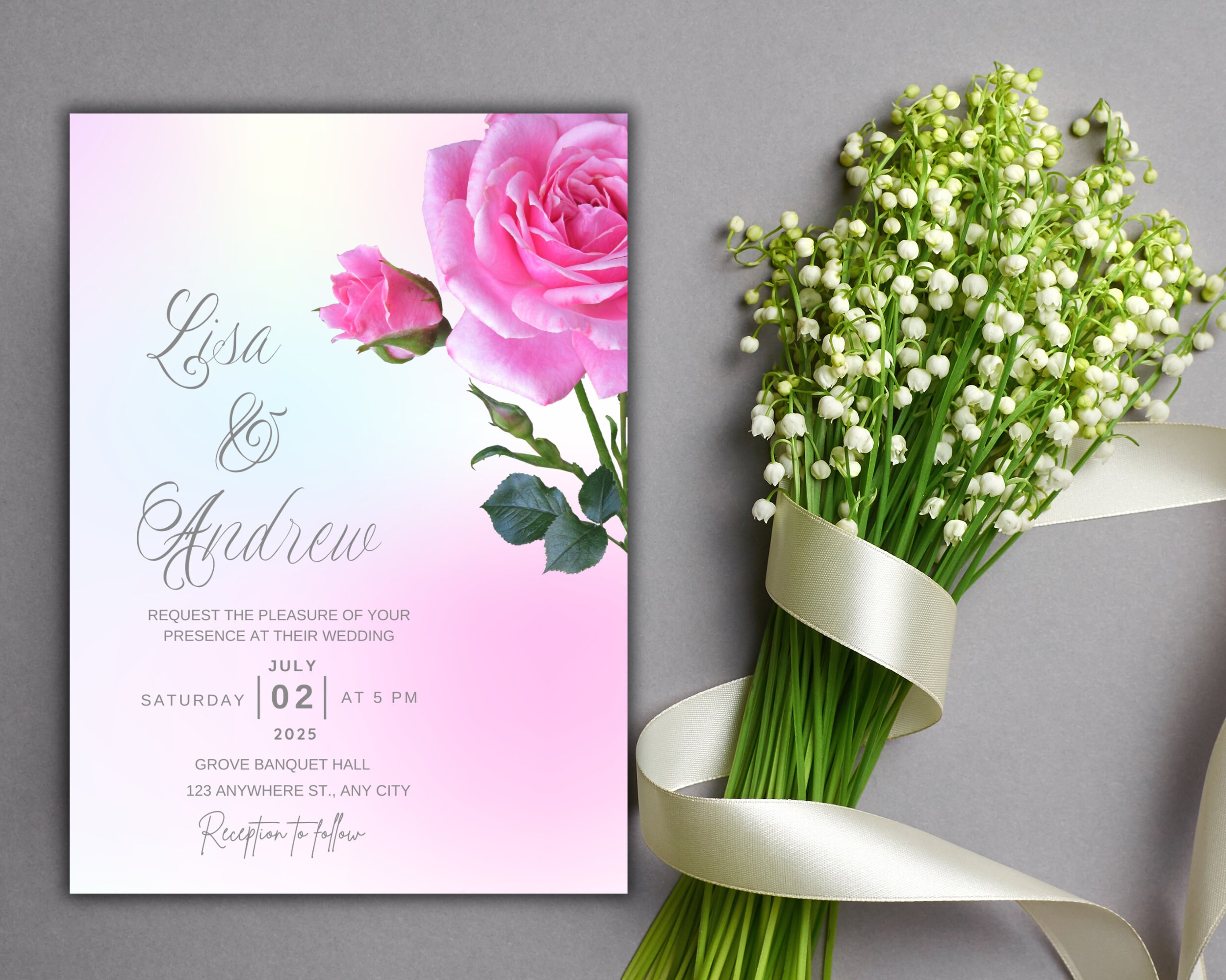 Pink Rose Wedding Invitation Template, Editable Floral Invitation, Pink ...