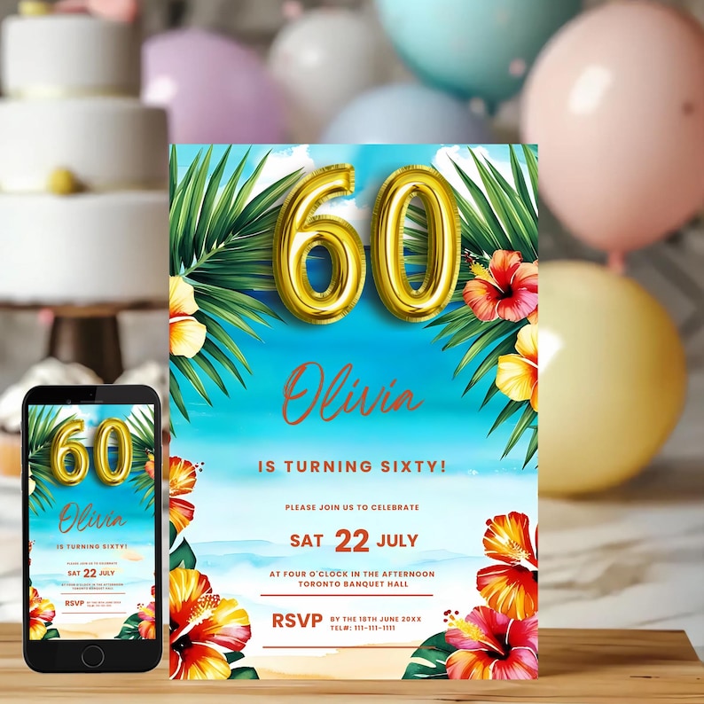 Tropical 60th Birthday Invitation: Printable Hawaiian Party Invite ...