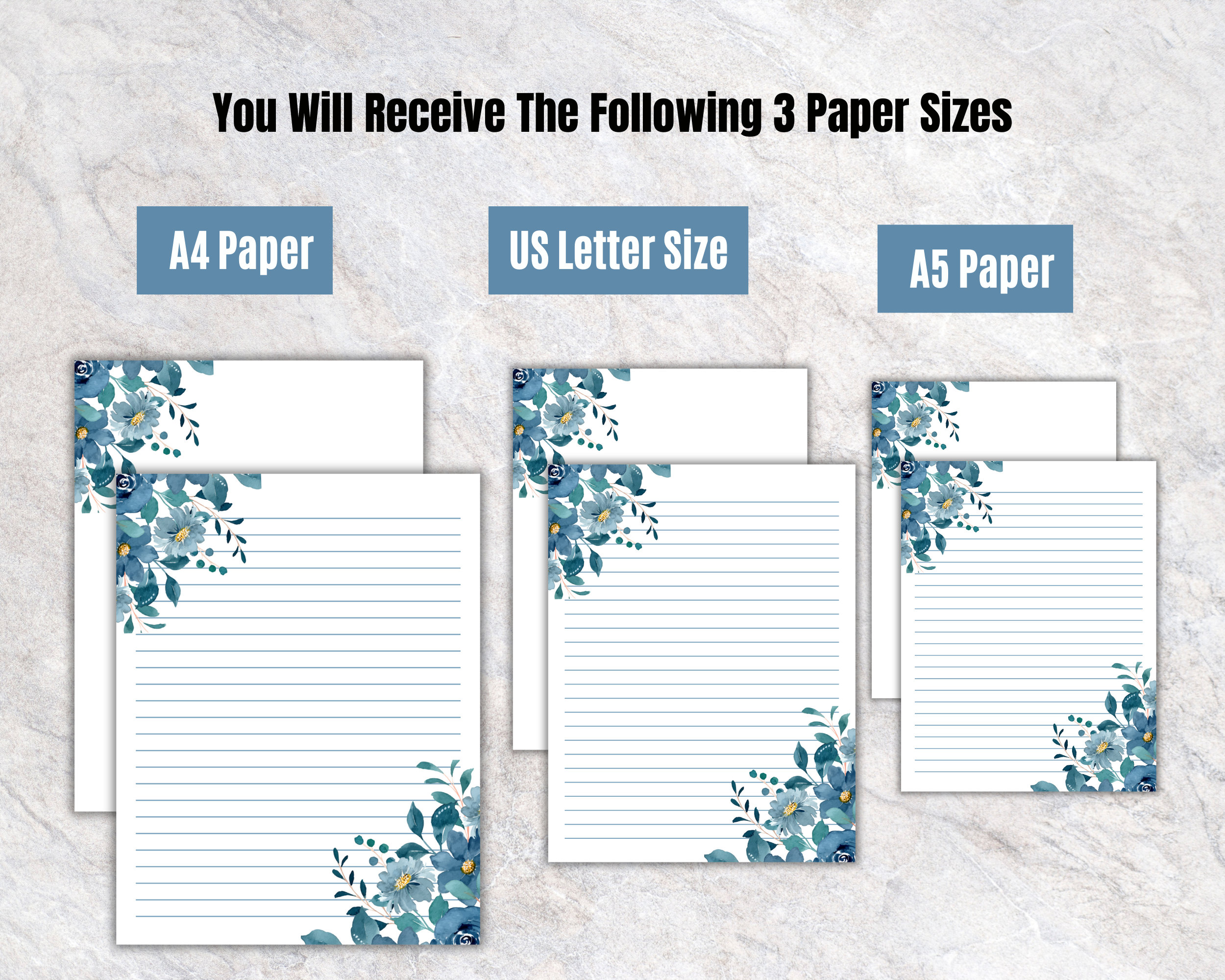 Printable Blue Floral Letter Writing Papers Lined and Blank - Etsy