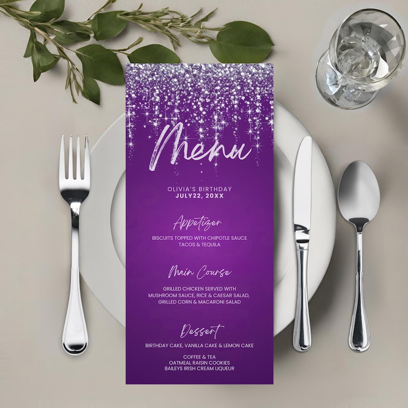 Wedding Dinner Menu Template, Birthday Party Menu Card, Editable Purple ...