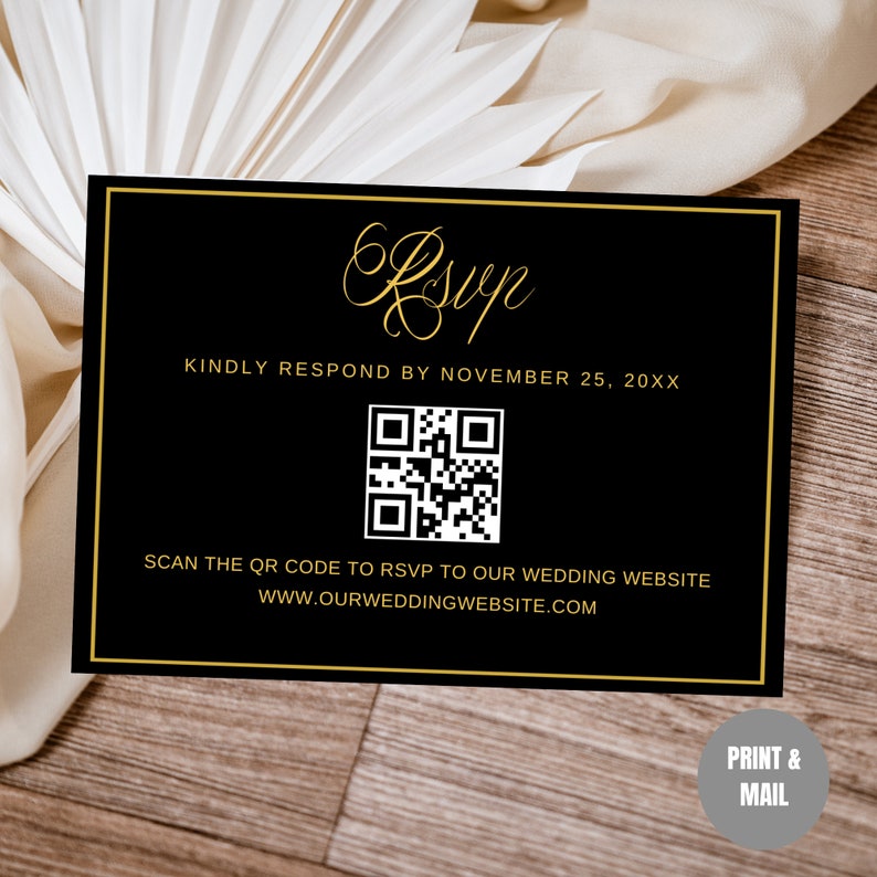 Editable QR Code Wedding RSVP Card, Printable Minimalist Black and Gold ...