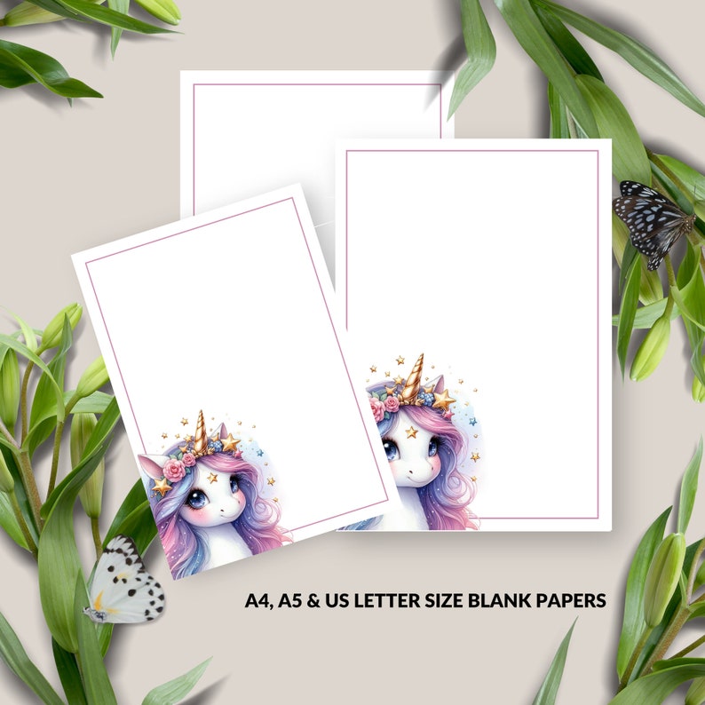 Printable Lined and Blank Unicorn Writing Stationery Set, Instant ...