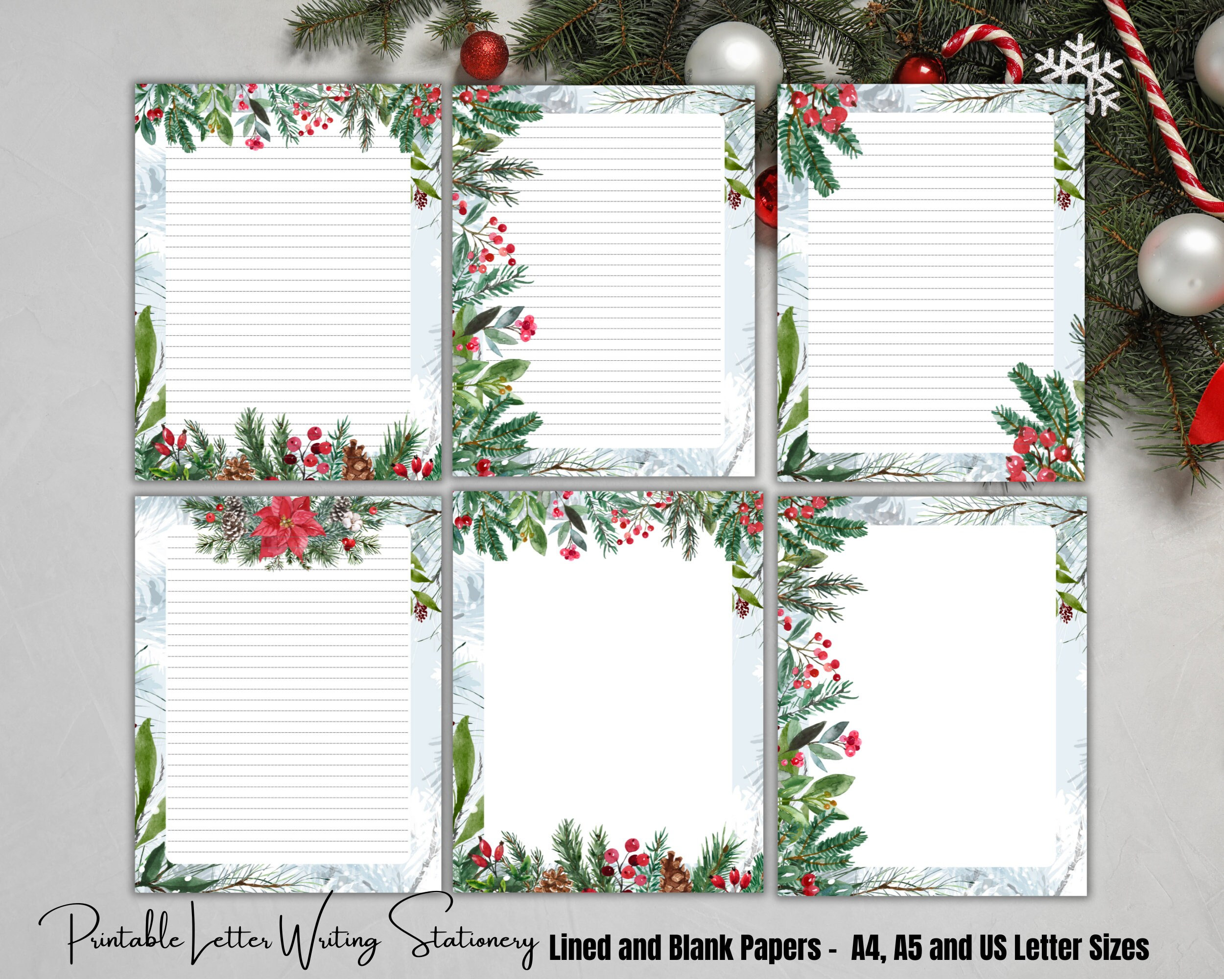 Winter Christmas Writing Paper, Printable Lined and Unlined Christmas ...