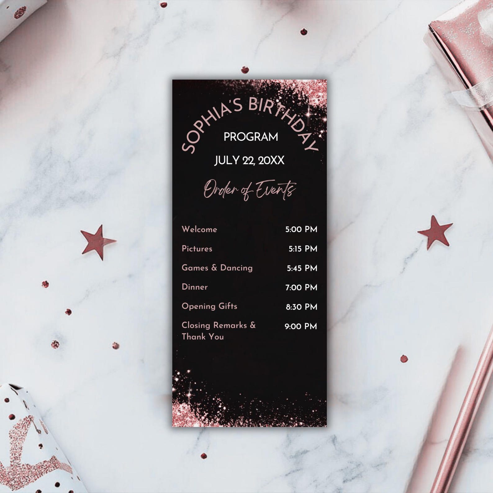 Black and Pink Sparkle Birthday Program Template, Editable Birthday ...
