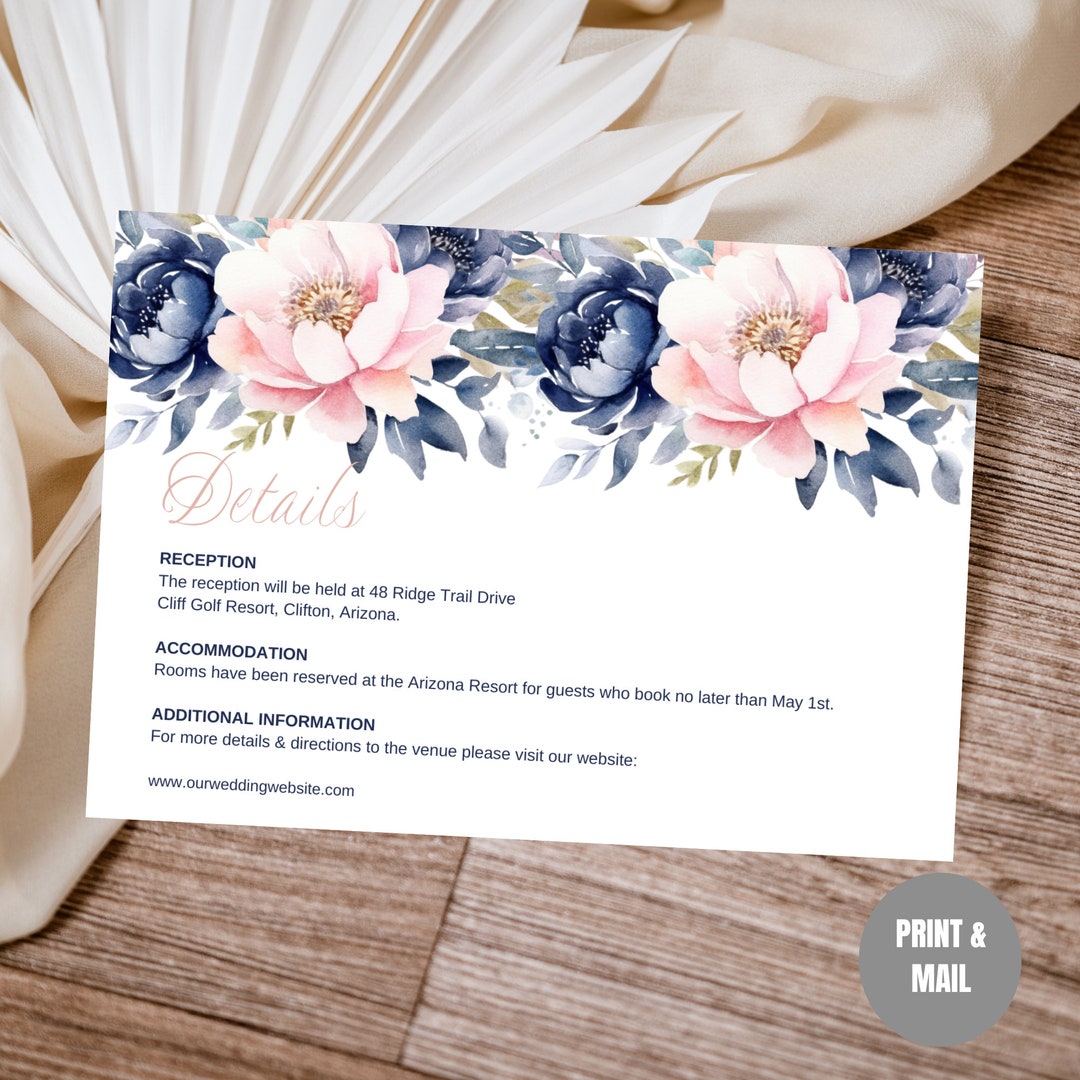 Editable Wedding Details Card Template Instant Download, Printable Blue ...
