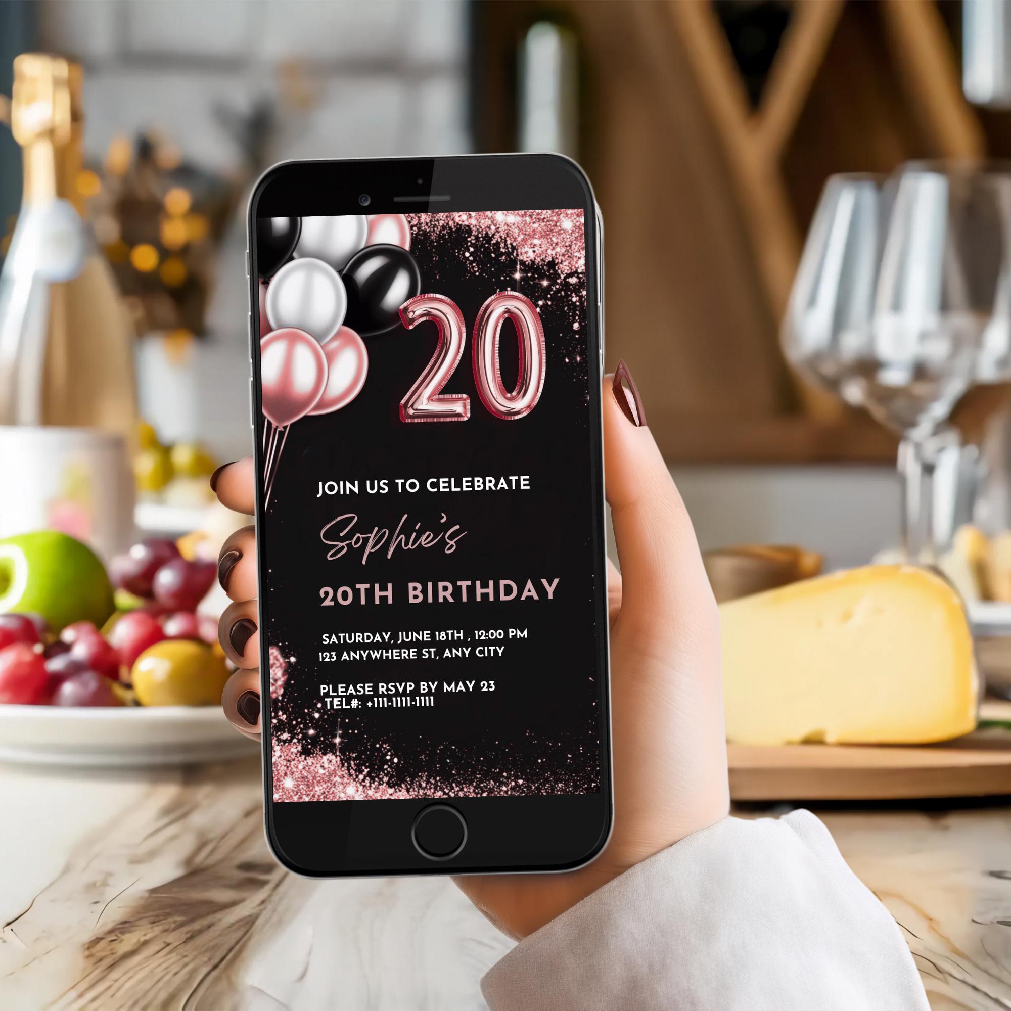 Editable 20th Birthday Invitation: Black & Pink Sparkle (digital and ...