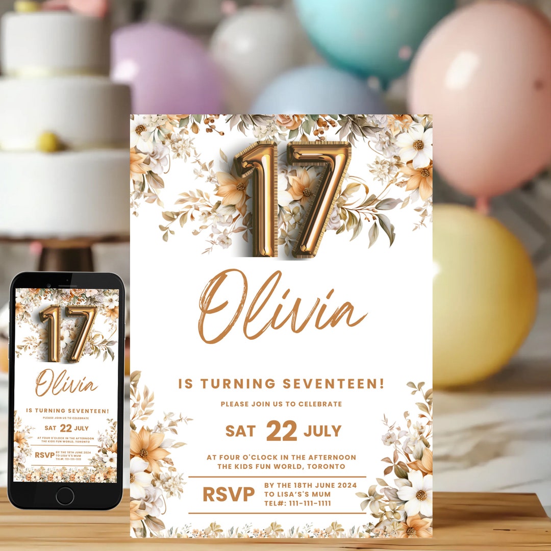 Editable 17th Birthday Invitation, Seventeenth Birthday Invite, Floral ...