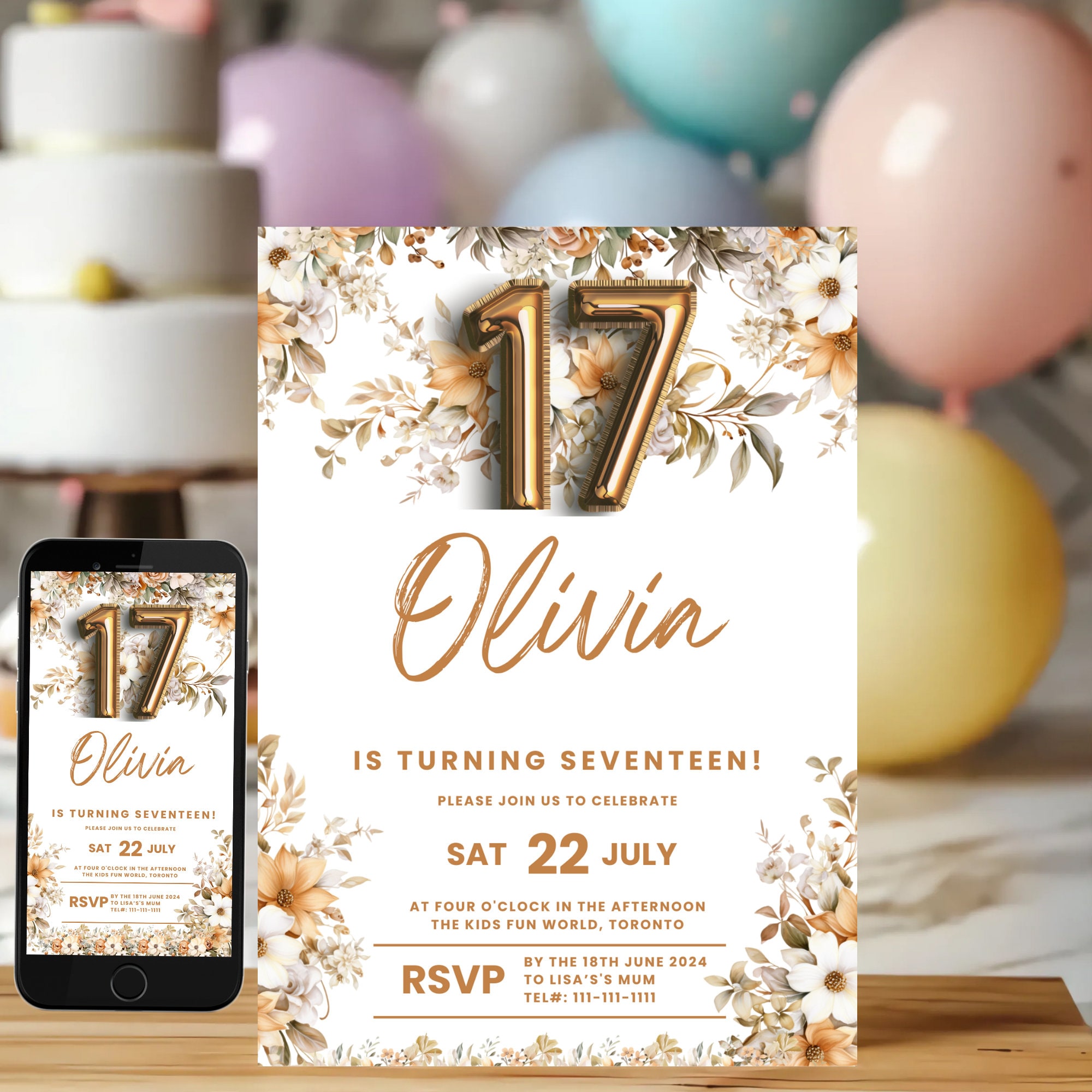 Editable 17th Birthday Invitation, Seventeenth Birthday Invite, Floral ...