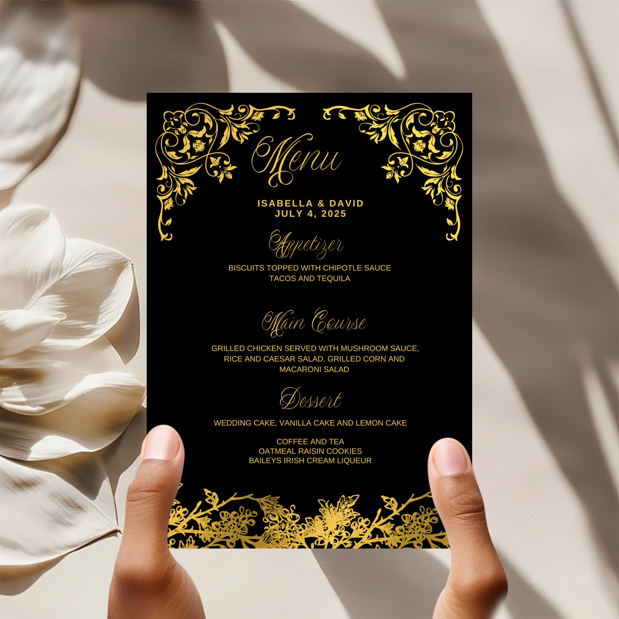 Wedding Dinner Menu Template, Birthday Party Menu Card, Editable Black ...