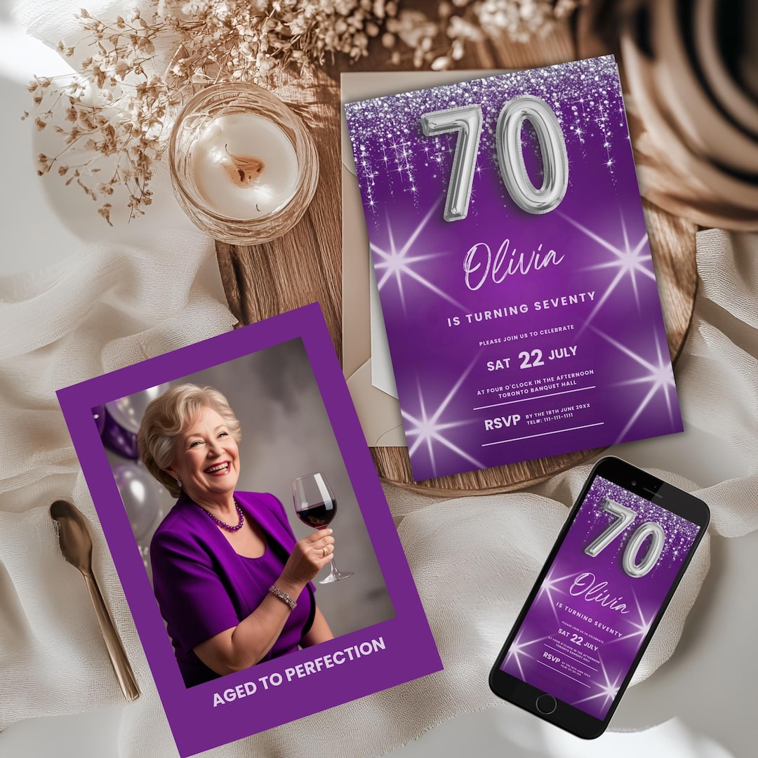 70th Purple Birthday Invitation With Photo, Printable Seventieth ...