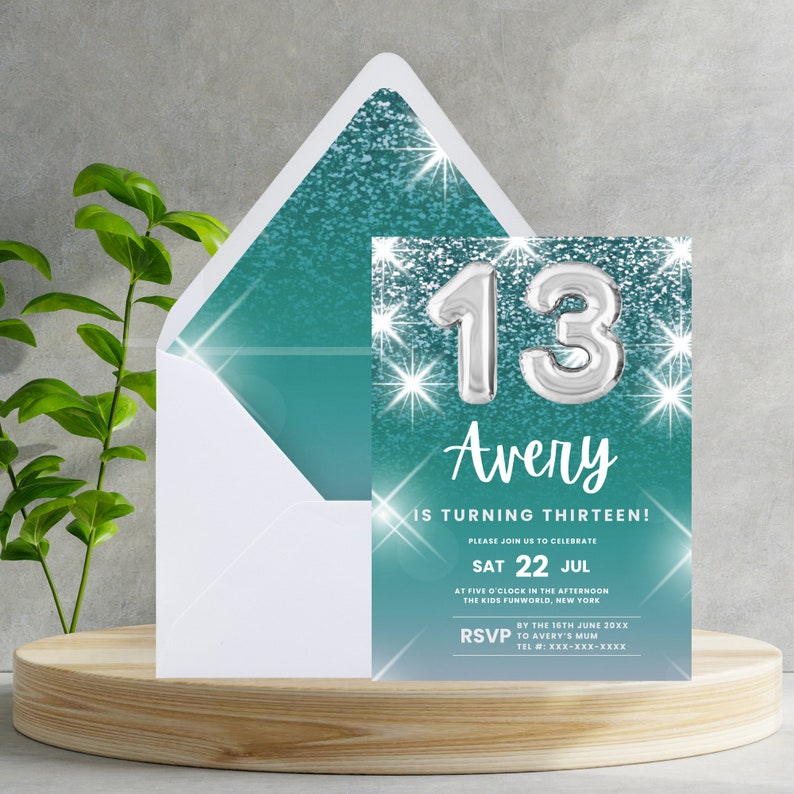 Teal Sparkle 13th Birthday Invitation: Editable Template (digital and ...