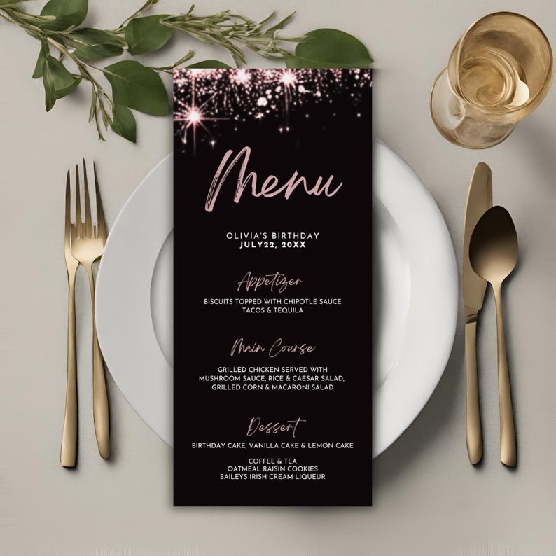 Editable Black and Pink Menu Template: Wedding, Birthday (instant ...