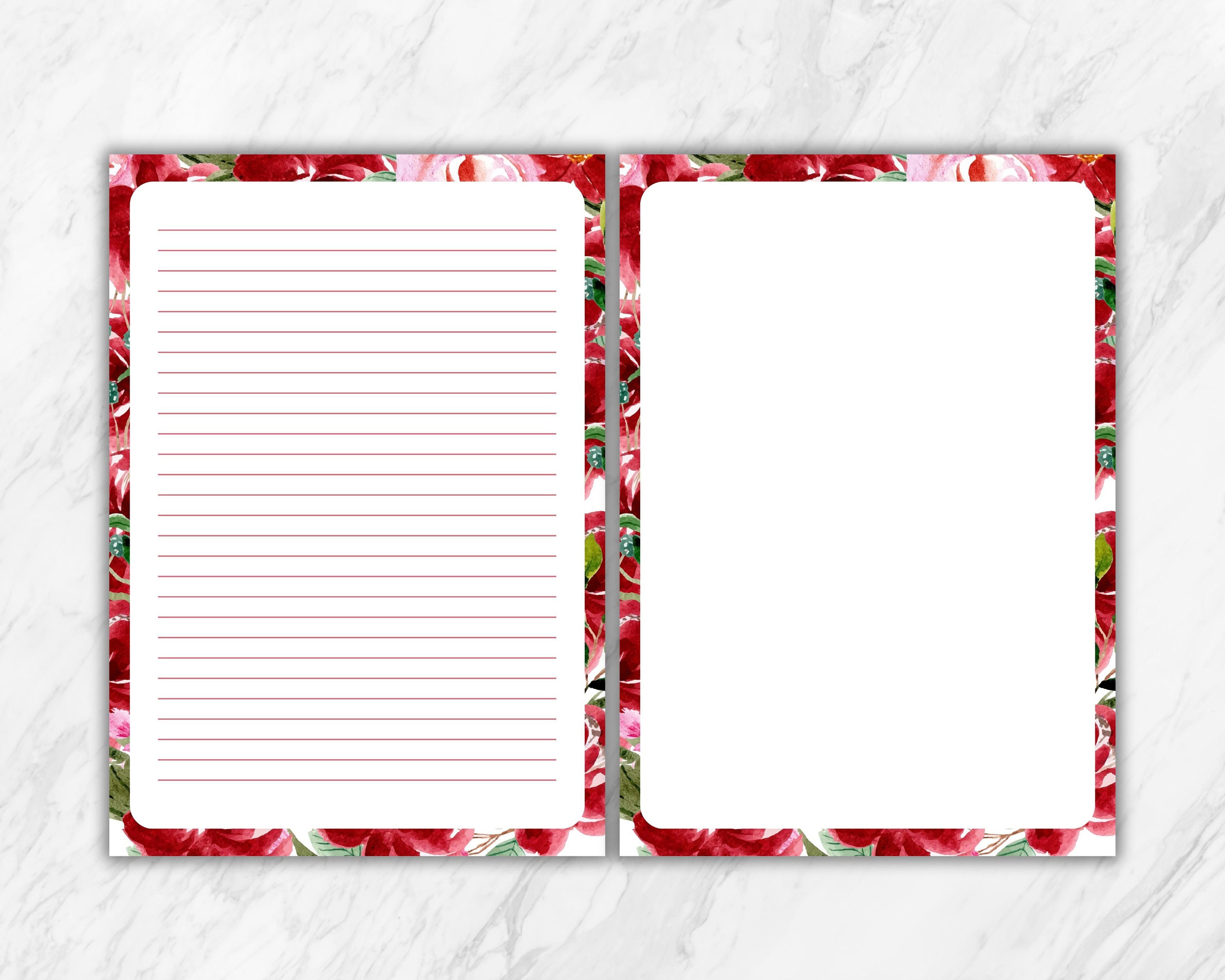Printable Red Floral Letter Writing Set US Letter, A4 & A5 Lined and ...