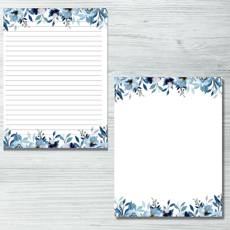 Blue Floral Letter Writing Set: Lined & Blank Stationery (digital ...