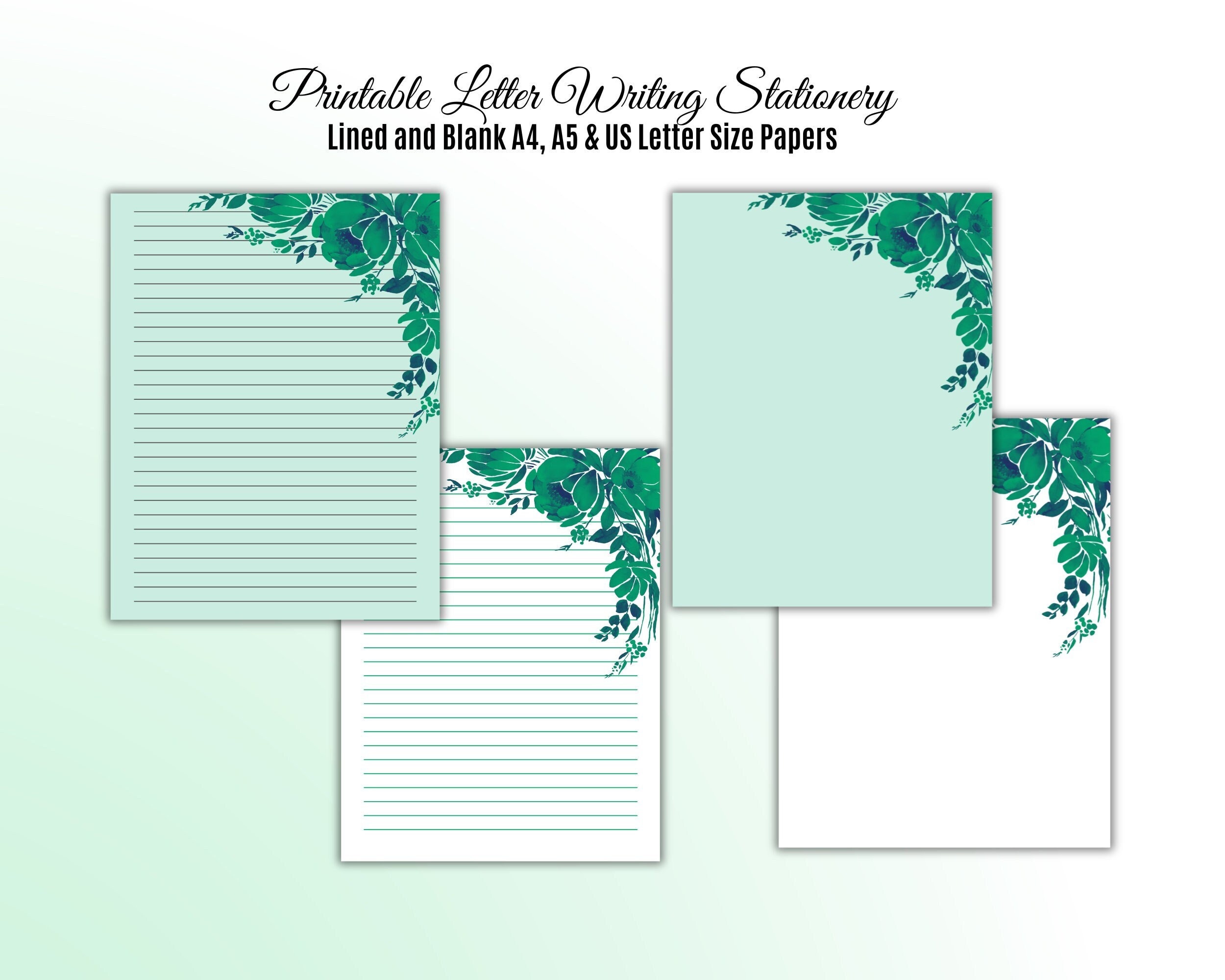 Green Floral Printable Writing Stationery, Floral Stationary Paper, A4 ...